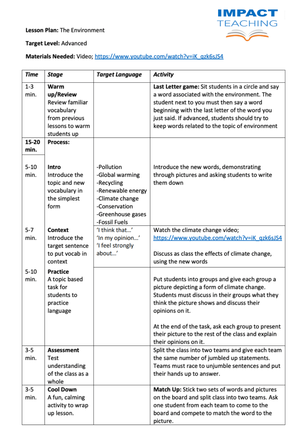 Lesson Plan for High School Students – Environment