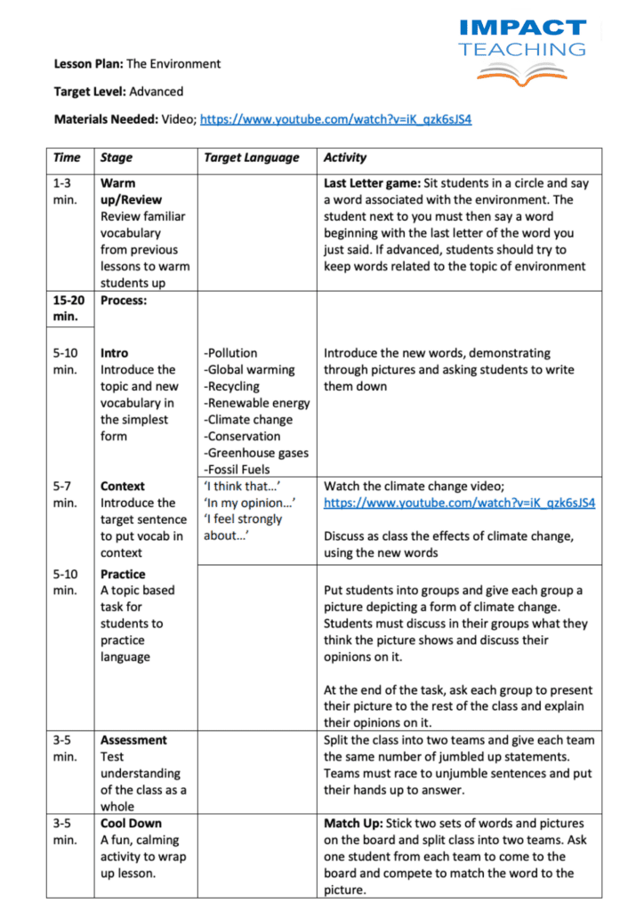 Lesson Plan for High School Students – Environment – Impact Teaching